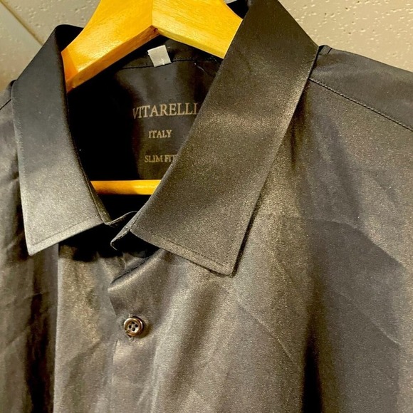 Vitarelli | Shirts | Vitarelli Italian Black Satin Dress Shirt Slim Fit ...